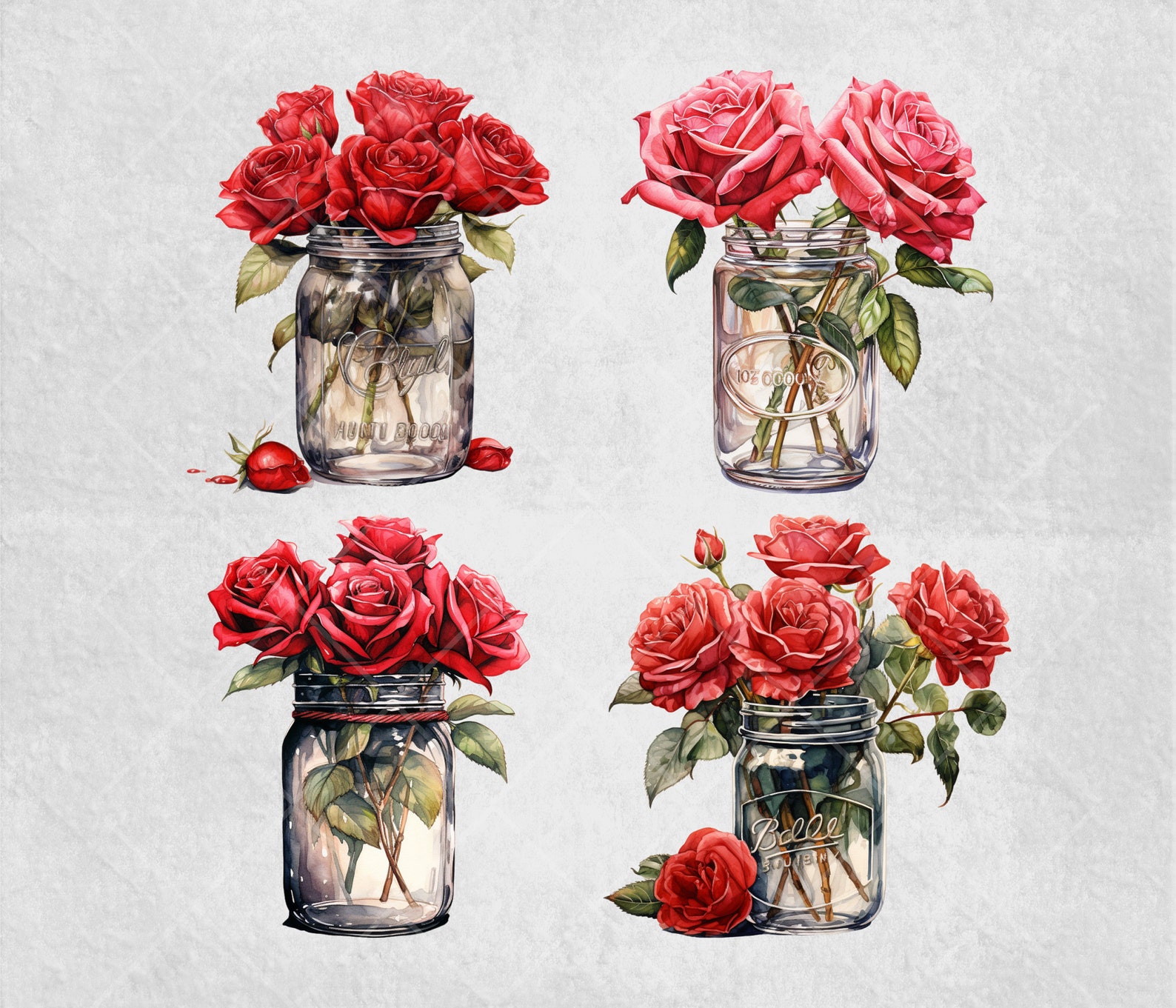 Watercolor Roses in Mason Jar Clipart Realistic Rose Clipart Pack ...