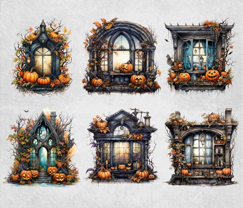 Watercolor Gothic Halloween Window Clipart Scary Art Halloween Design ...
