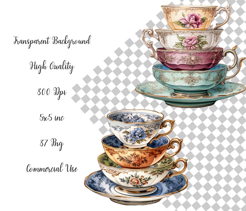 Watercolor Stacked Teacup Png Bundle Victorian Art Vintage Floral Tea ...