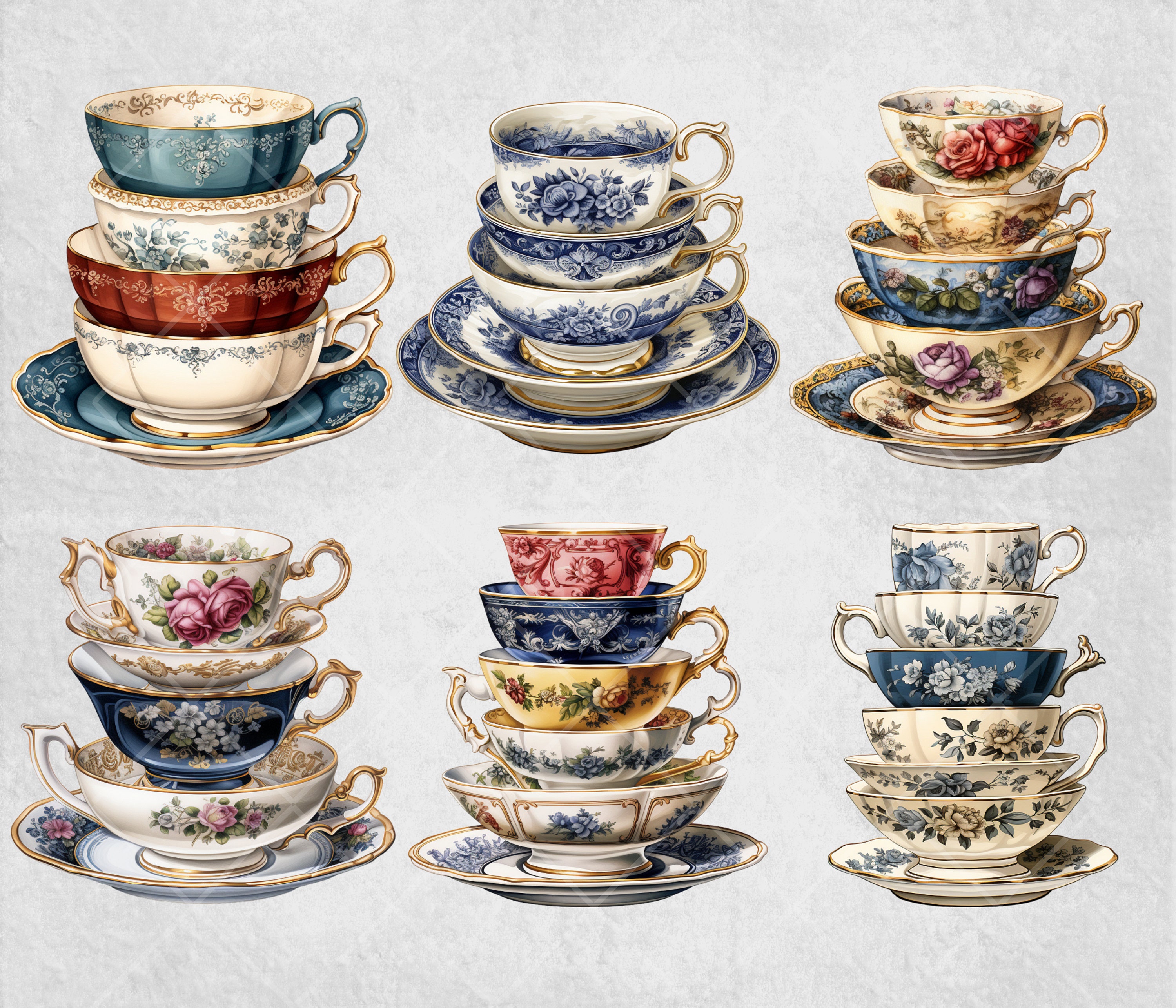 Watercolor Stacked Teacup Png Bundle Victorian Art Vintage Floral Tea ...