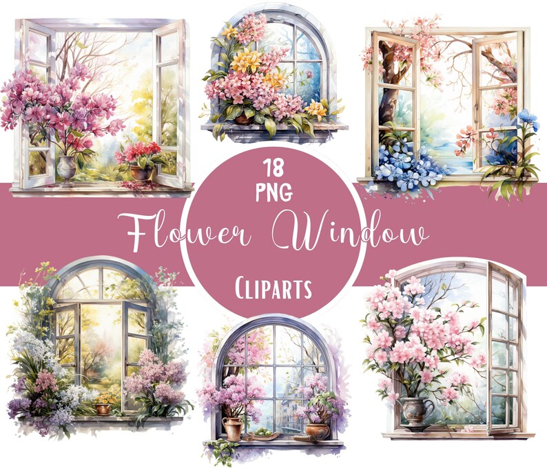 Watercolor Floral Window Clipart Bundle: Spring Graphics (PNG, 5x5 Inch ...