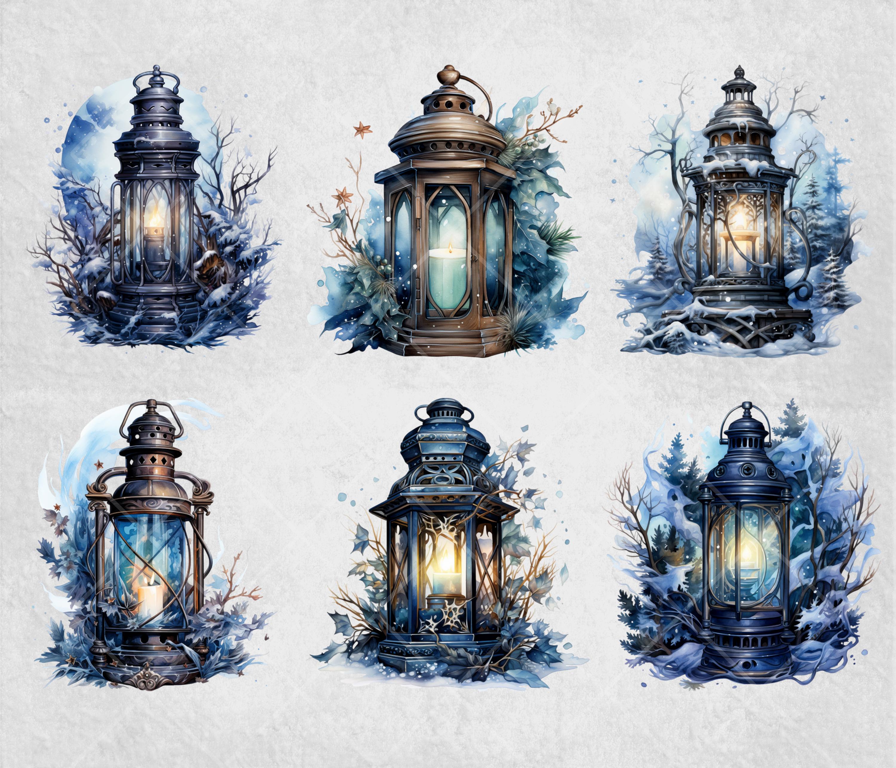 Watercolor Winter Lantern Clipart Bundle: Snowy PNG Graphics (digital ...