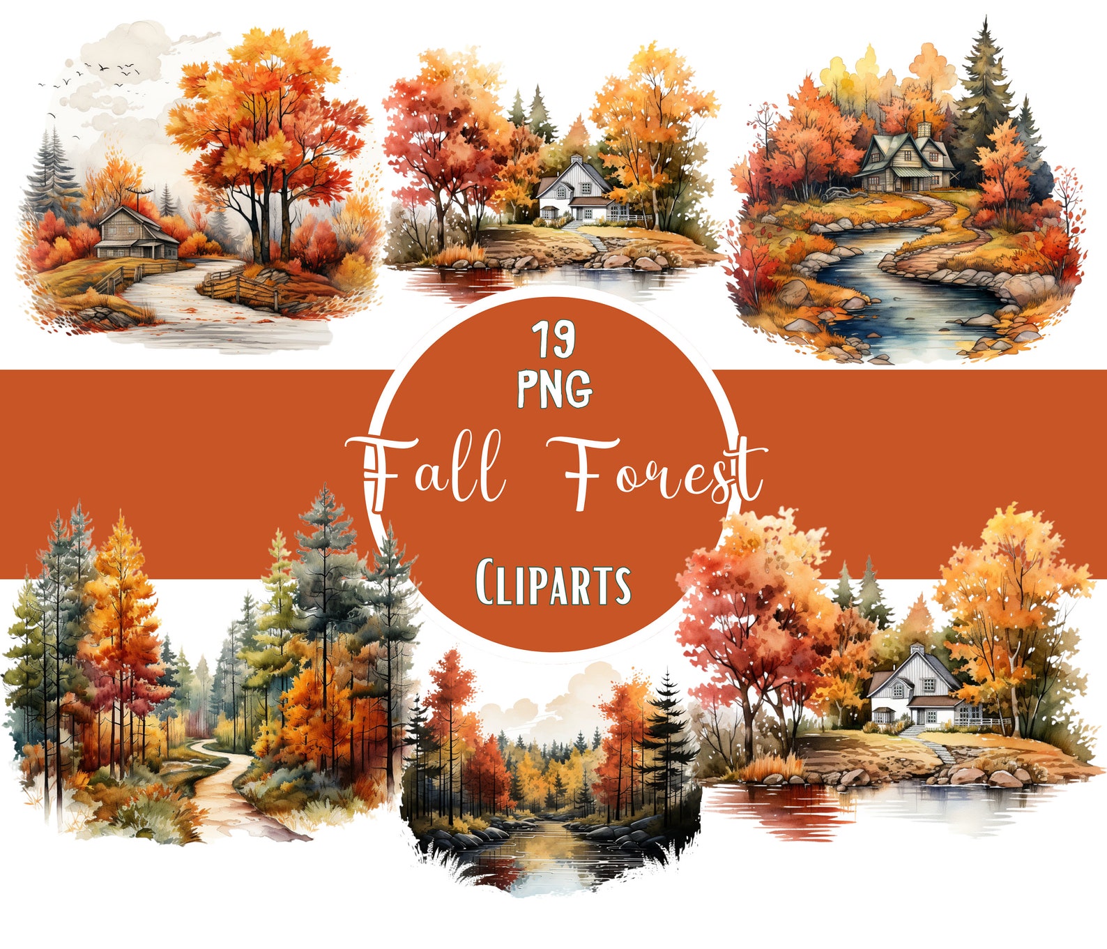 Watercolor Autumn Forest Clipart Fall Nature Clipart Nature Graphics ...