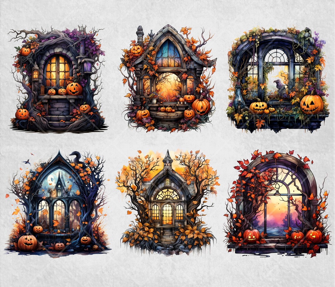 Watercolor Gothic Halloween Window Clipart Scary Art Halloween Design ...