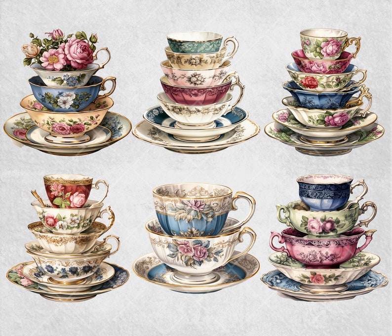 Watercolor Stacked Teacup Png Bundle Victorian Art Vintage Floral Tea ...