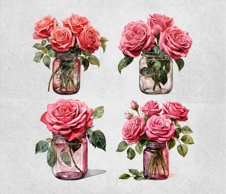 Watercolor Roses in Mason Jar Clipart Realistic Rose Clipart Pack ...