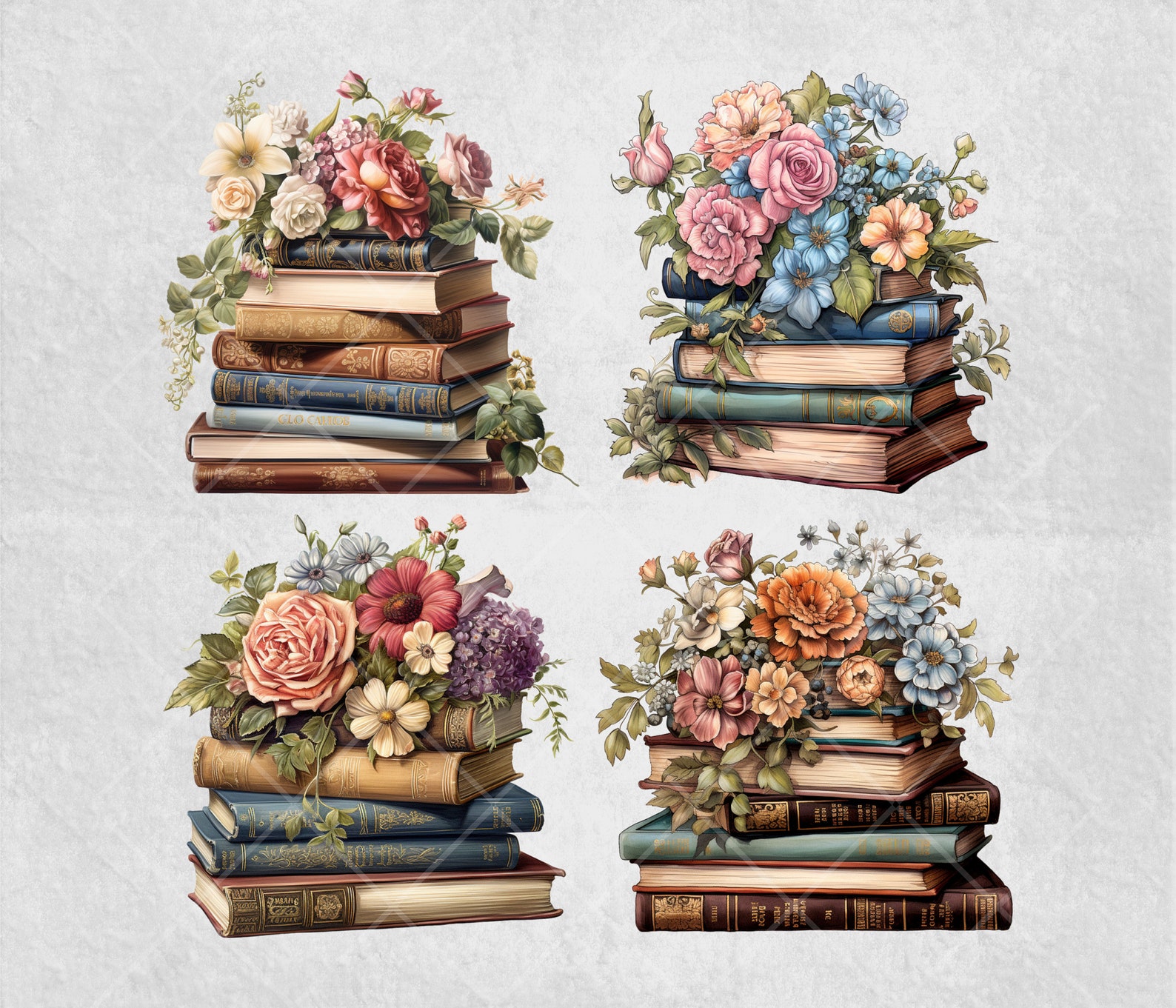Watercolor Floral Book Stack Clipart: Vintage Reading Design (PNG) - Etsy