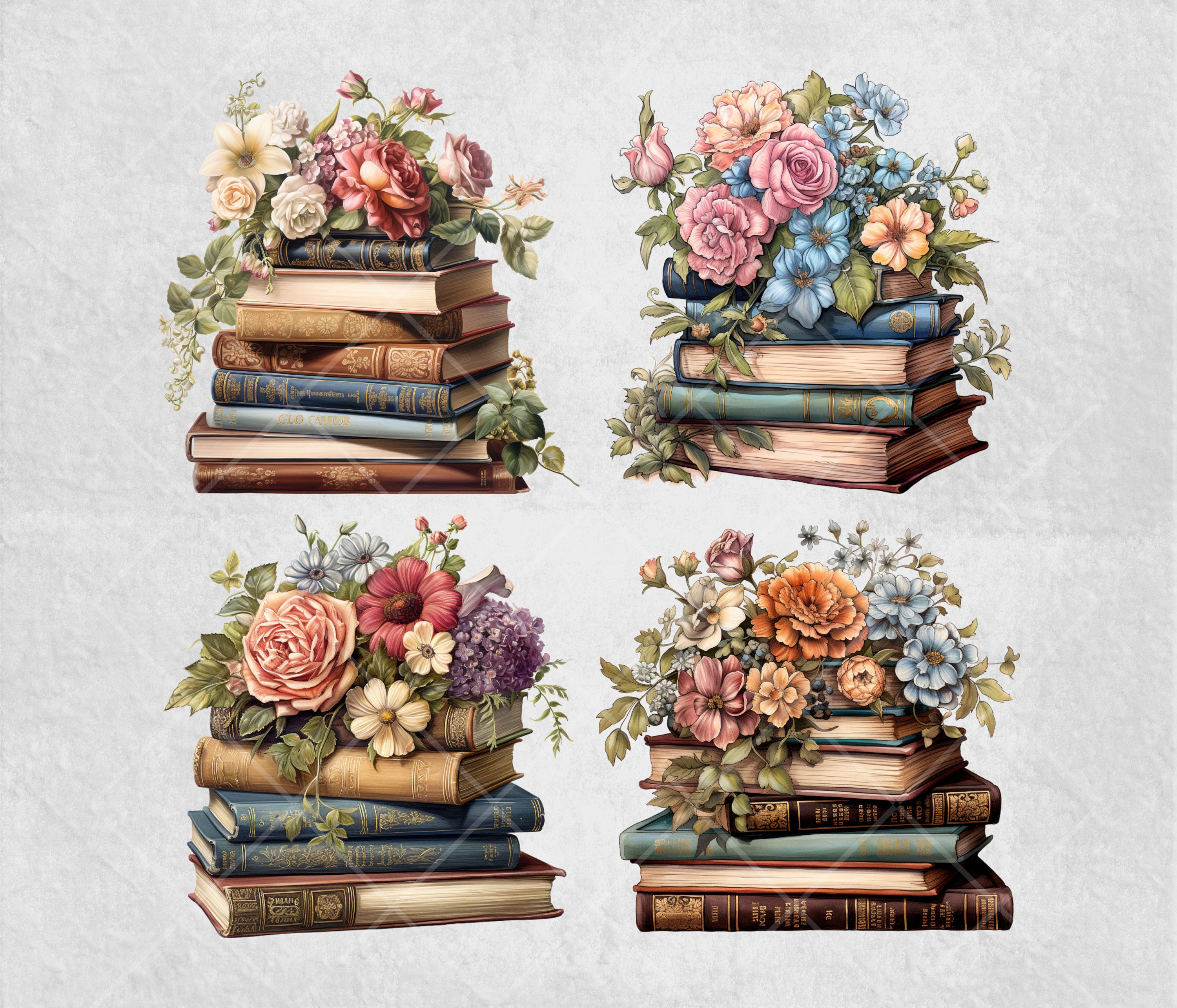 Watercolor Floral Book Stack Clipart: Vintage Reading Design (PNG) - Etsy
