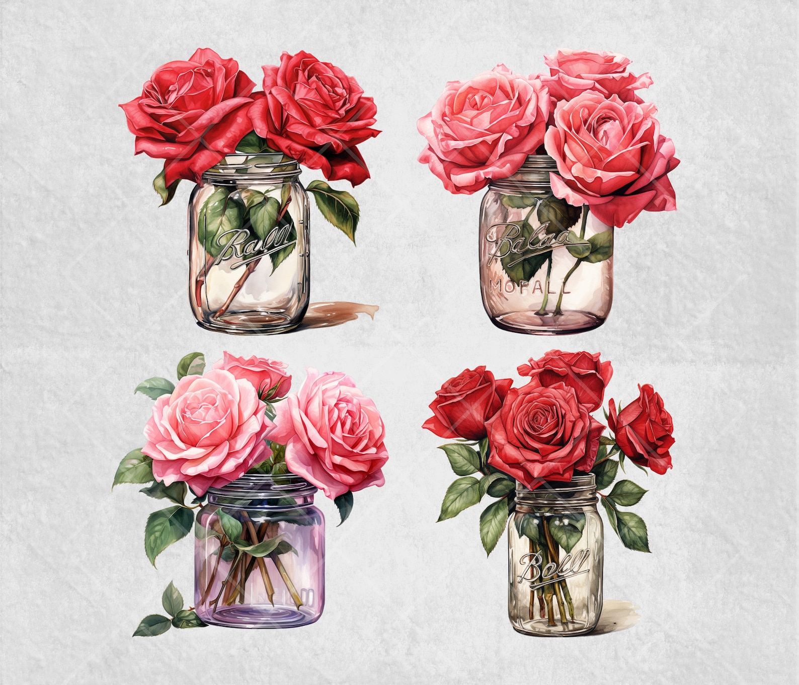 Watercolor Roses in Mason Jar Clipart Realistic Rose Clipart Pack ...