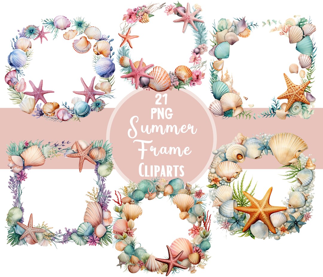 Seashells Watercolor Summer Frames Beach Crafts Digital Frames Png ...