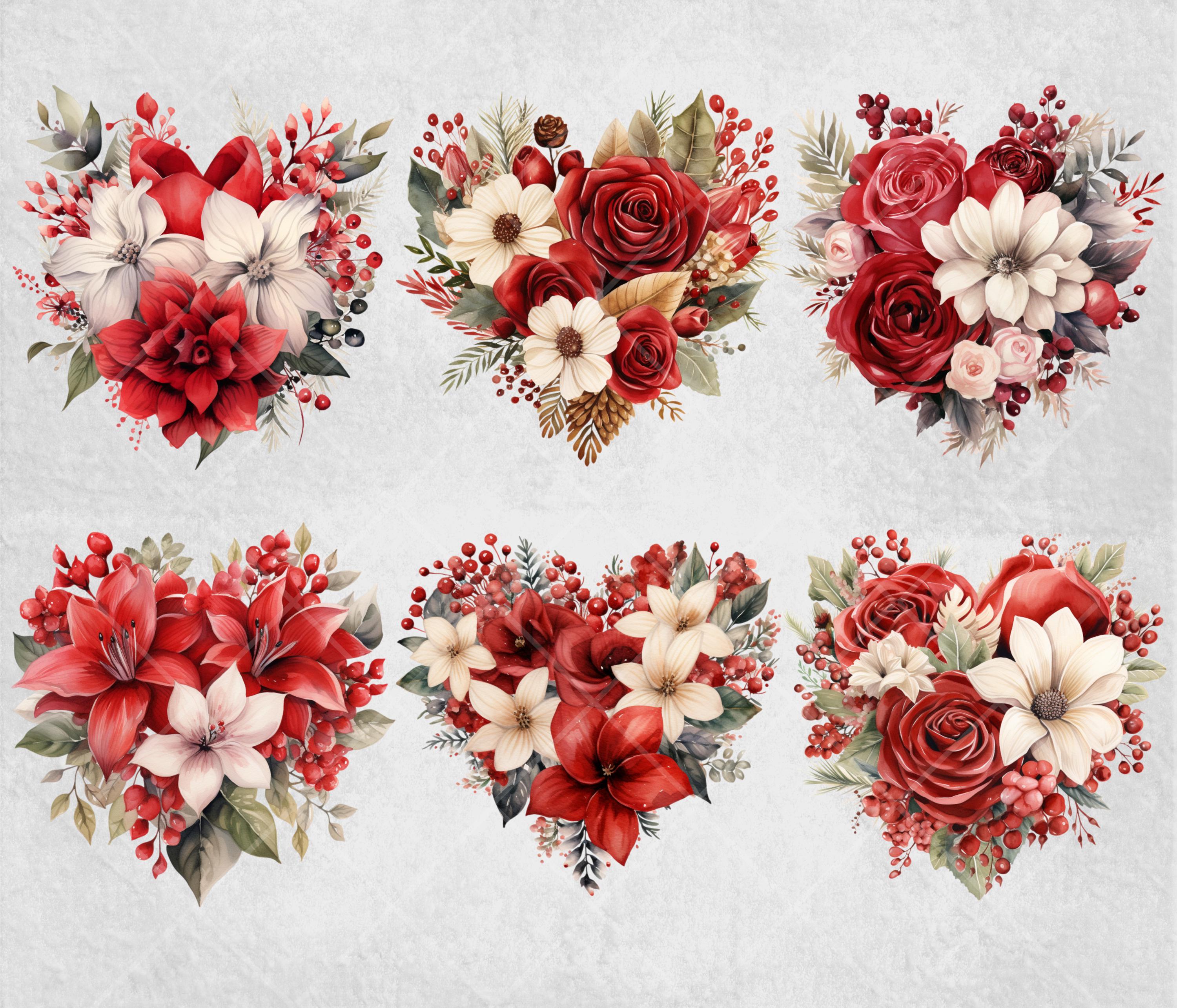 Watercolor Christmas Floral Heart Clipart Bundle (PNG, PDF) - Etsy