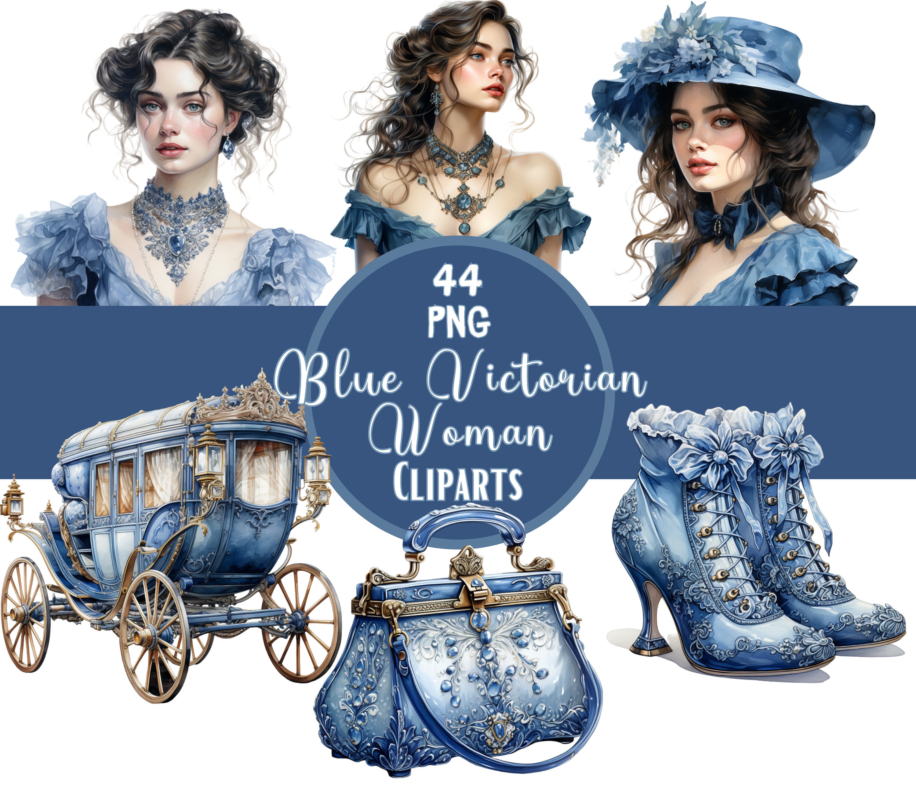 Blue Victorian Woman Clipart Bundle: Fashion Graphics (PNG, 5x5 Inch ...