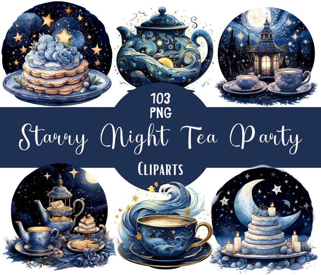 Starry Night Tea Party Clipart: Celestial Teapot & Teacup PNG (digital ...