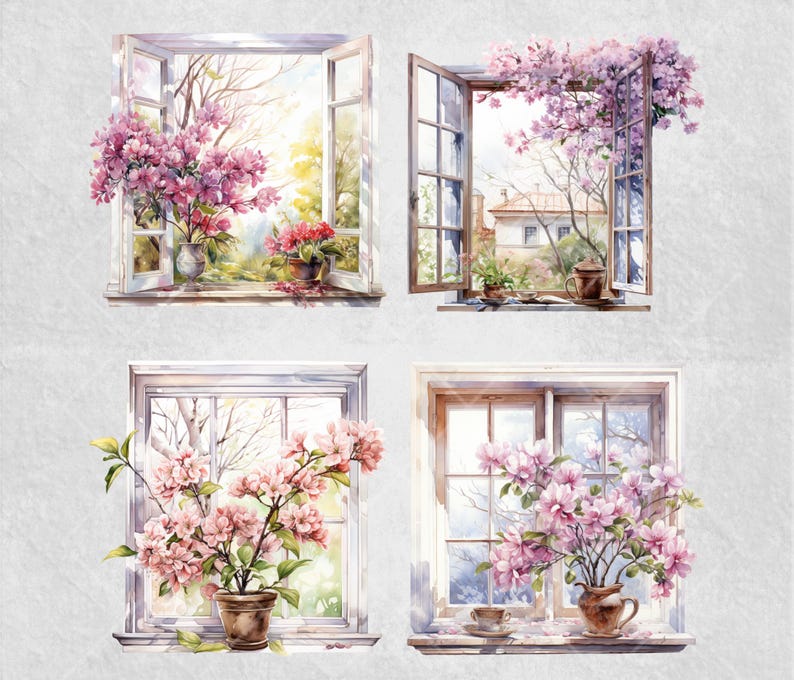 Watercolor Floral Window Clipart Bundle: Spring Graphics (PNG, 5x5 Inch ...