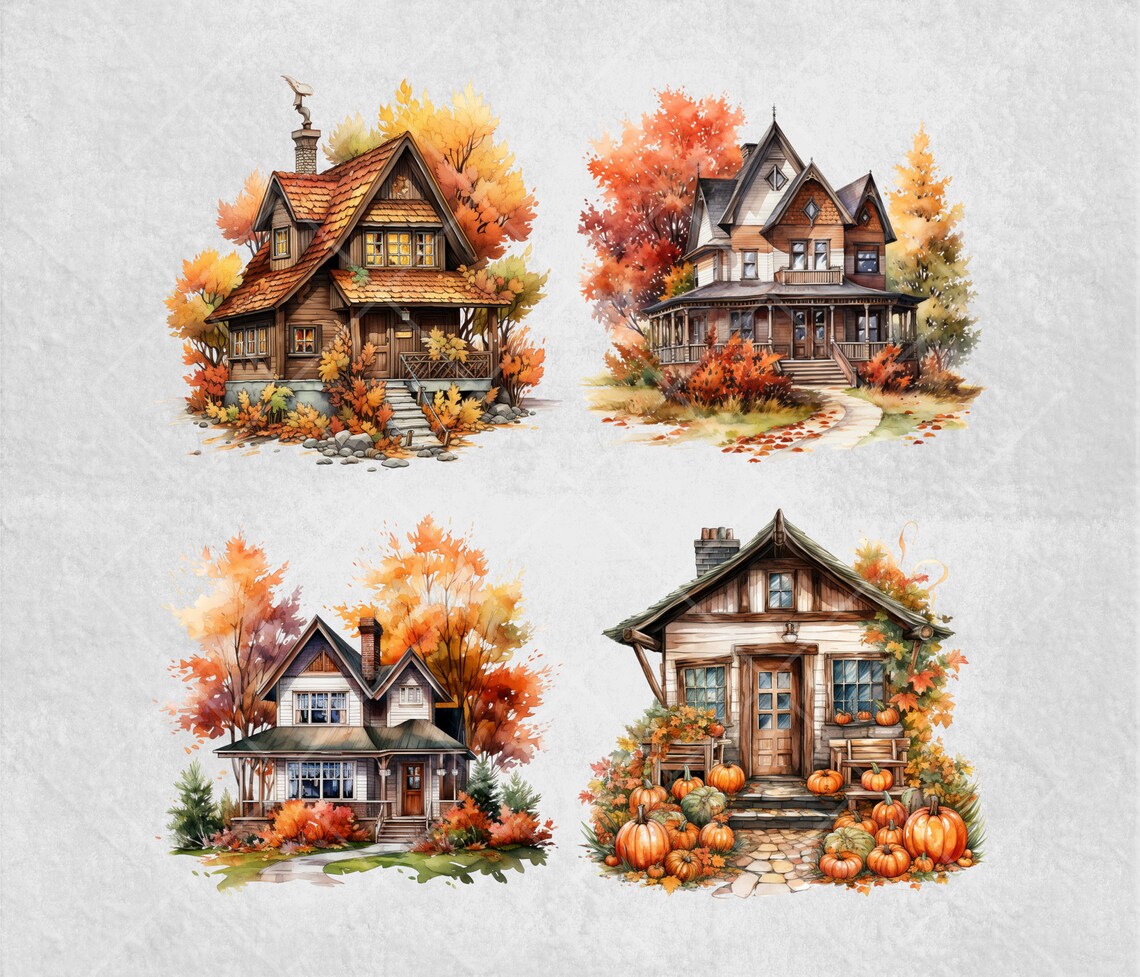 Watercolor Fall House Clipart Fall Cottage Clipart Autumn House Png ...