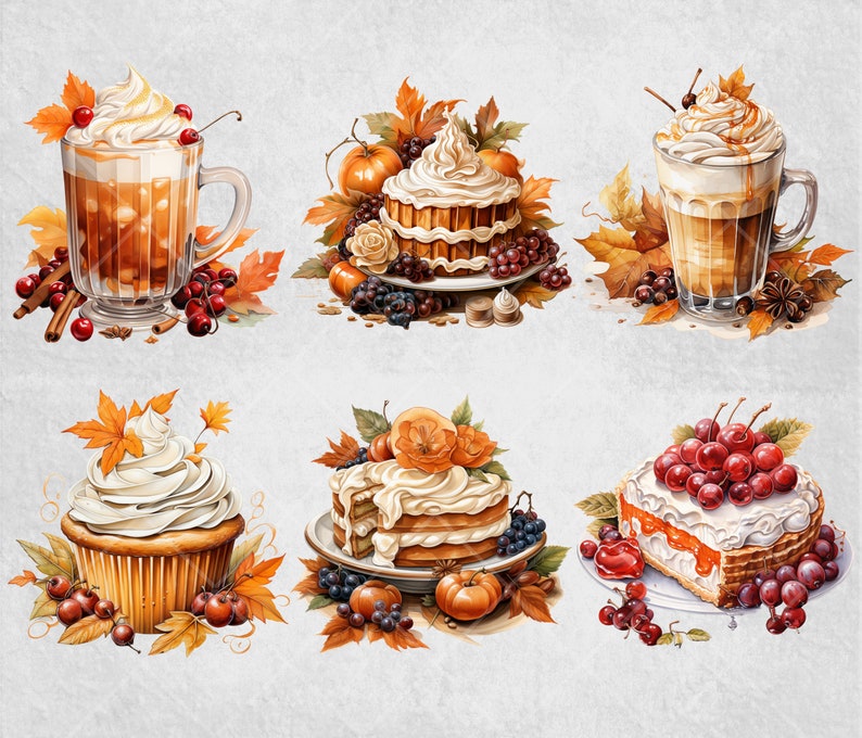 Watercolor Fall Dessert and Drinks Clipart Cozy Autumn Sweet Treats ...