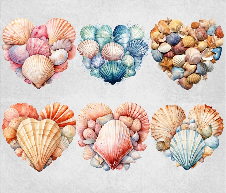 Watercolor Seashell Clipart Bundle Heart Shaped Seashells Collection ...