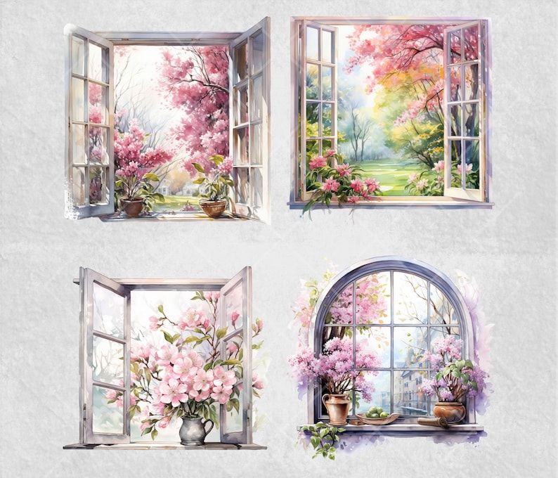 Watercolor Floral Window Clipart Bundle: Spring Graphics (PNG, 5x5 Inch ...