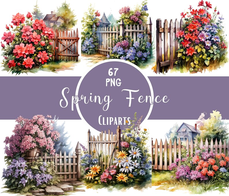 Watercolor Spring Fence Clipart Bundle Floral Garden Fence Garden ...