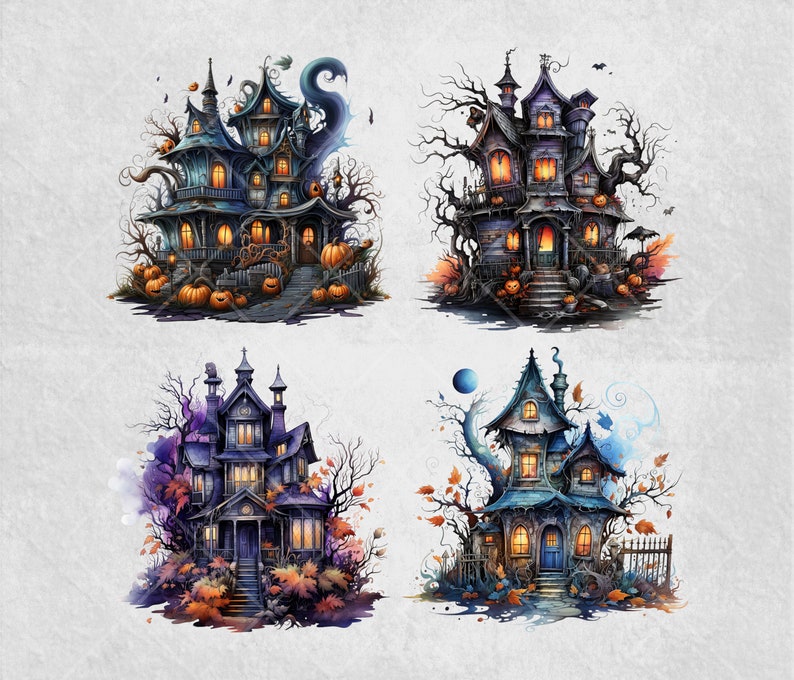Watercolor Haunted House Clipart: Spooky Halloween Graphics (PNG ...