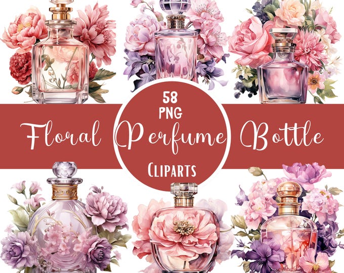 11 Antique Perfume Bottle Clipart Bundle Watercolor Peonies and Berries ...