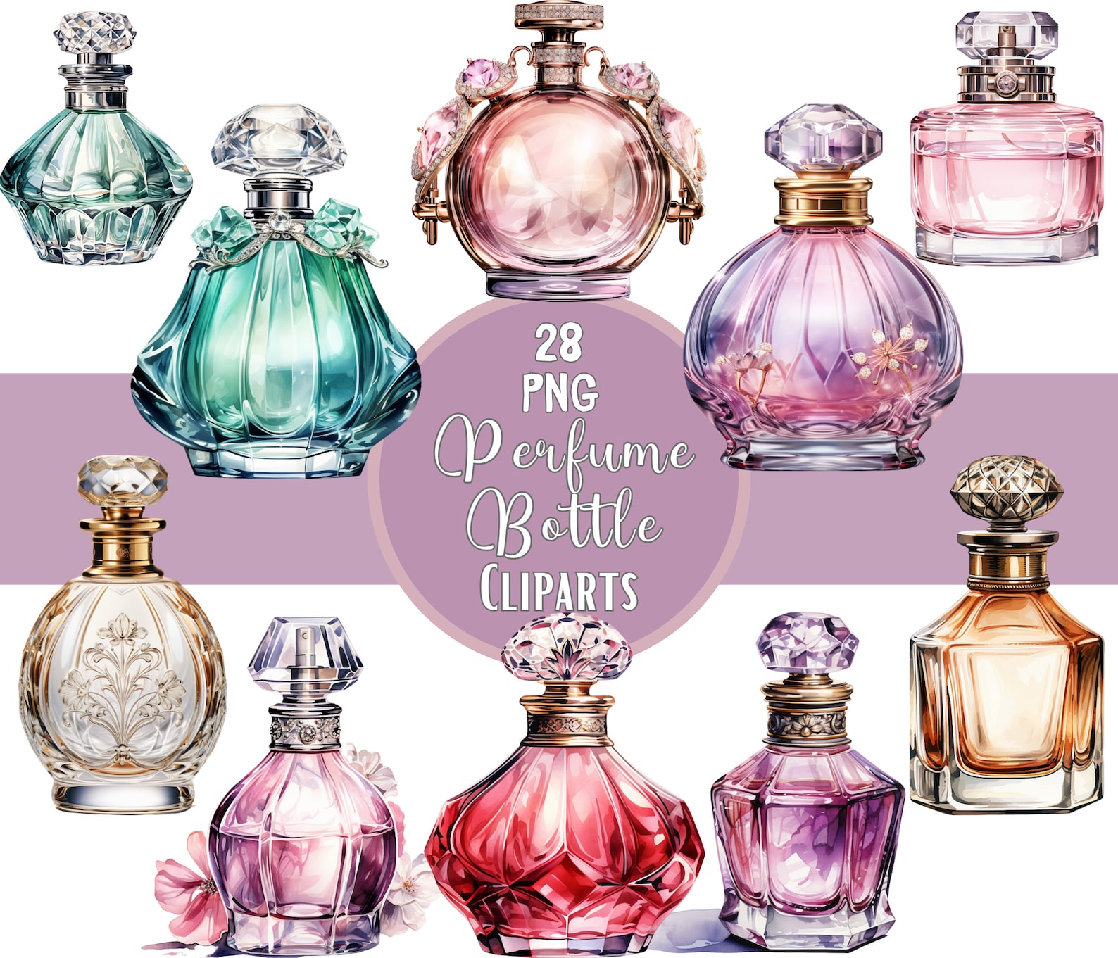 Watercolor Perfume Bottle Clipart Pack: Vintage Feminine Graphics (28 ...