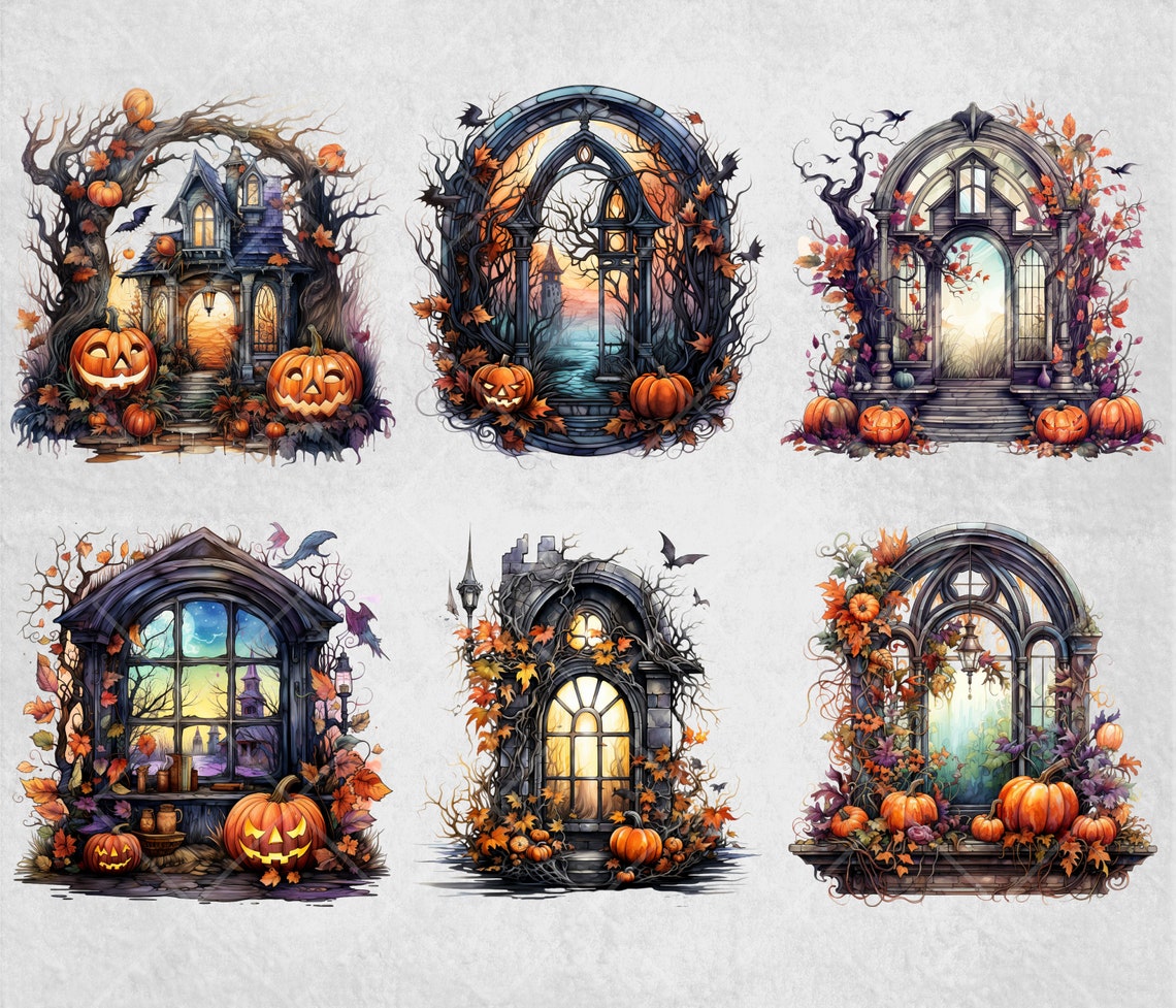 Watercolor Gothic Halloween Window Clipart Scary Art Halloween Design ...