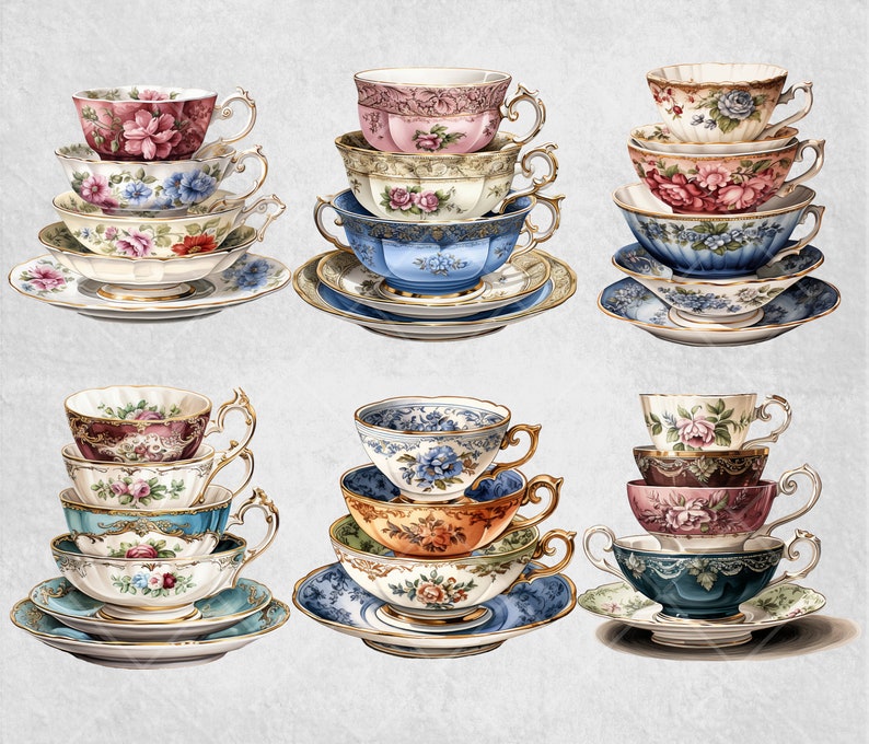 Watercolor Stacked Teacup Png Bundle Victorian Art Vintage Floral Tea ...