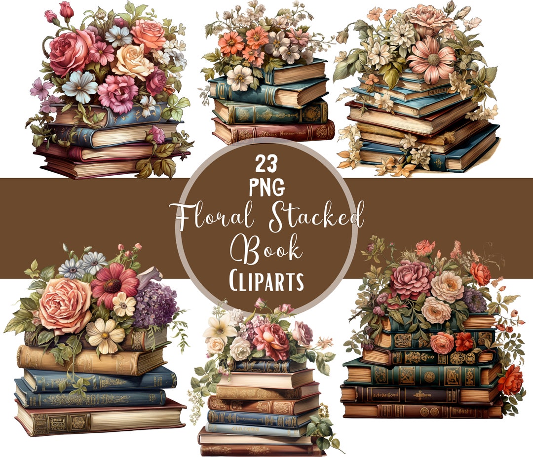Watercolor Floral Stacked Book Clipart Bundle Flower Reading Decoration ...