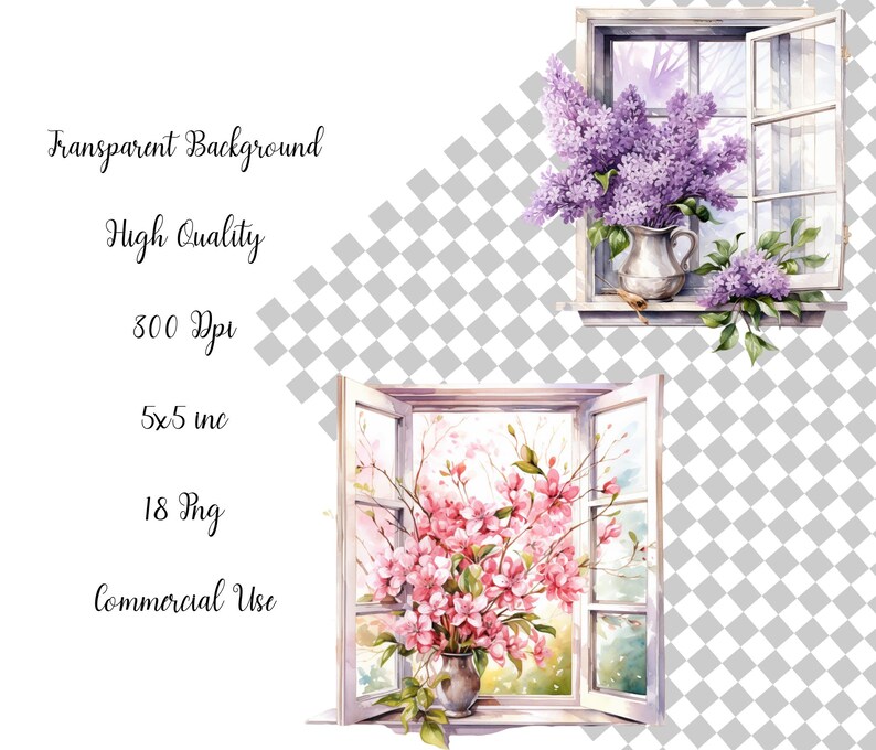 Watercolor Floral Window Clipart Bundle: Spring Graphics (PNG, 5x5 Inch ...