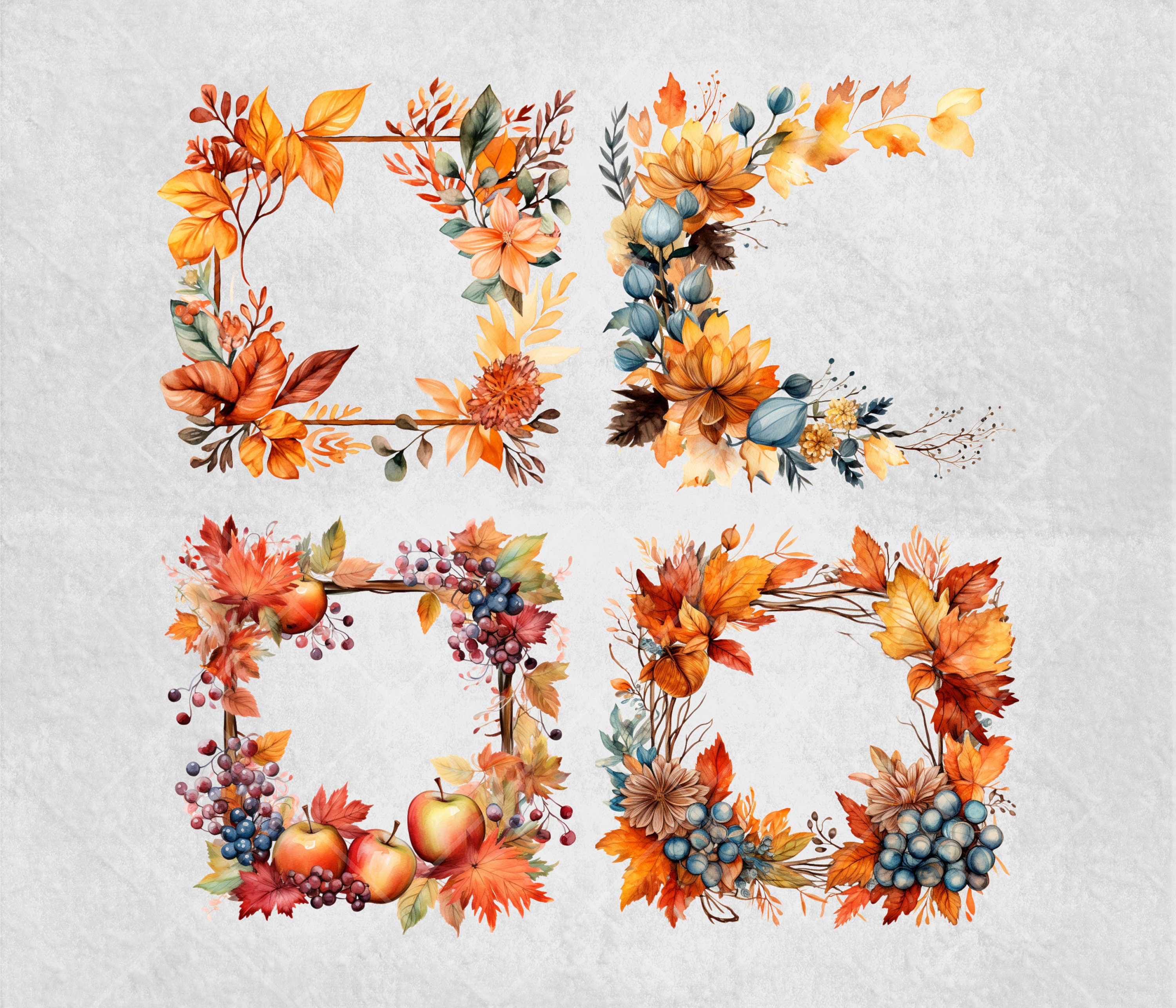 Watercolor Fall Frame Clipart: Pumpkin & Floral PNG Borders (digital ...