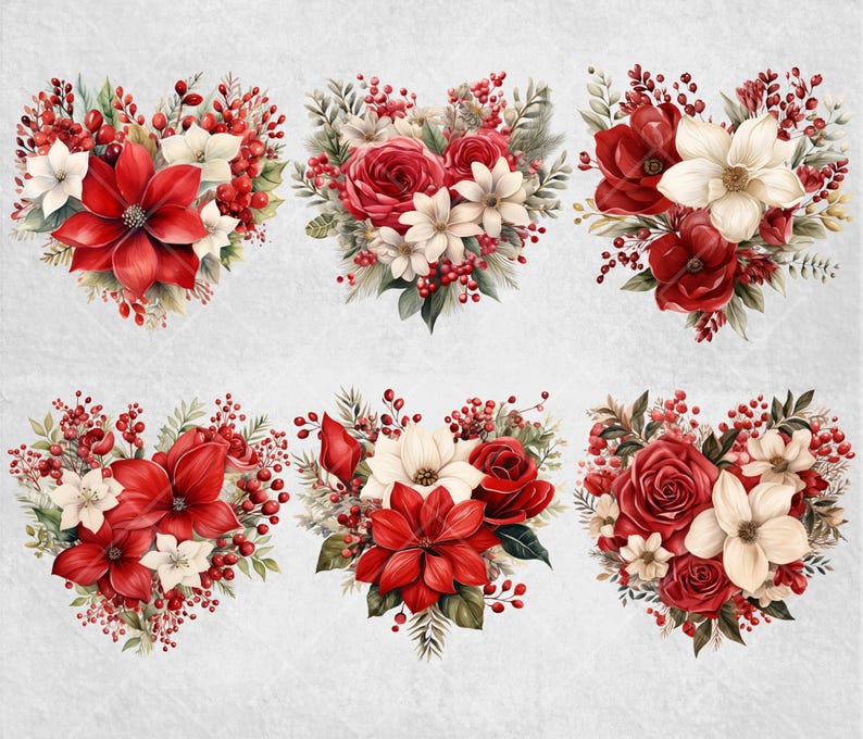 Watercolor Christmas Floral Heart Clipart Bundle (PNG, PDF) - Etsy