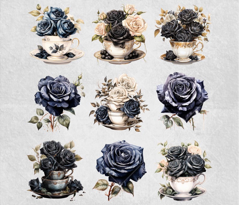 Watercolor Black Rose Clipart Bundle Elegant Dark Floral Arrangement ...