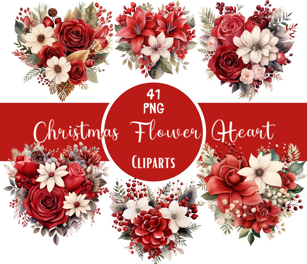 Watercolor Christmas Floral Heart Clipart Bundle (PNG, PDF) - Etsy