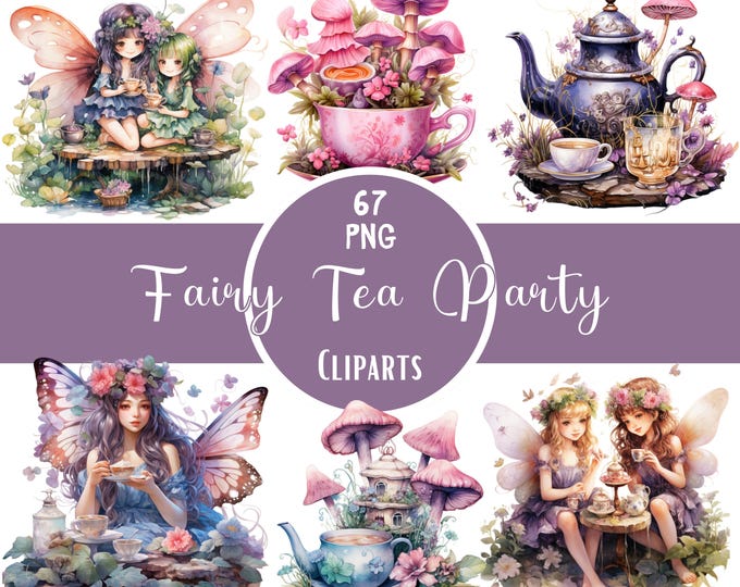 Watercolor Fairy Tea Party Clipart Png Bundle, Watercolor Tea Party ...