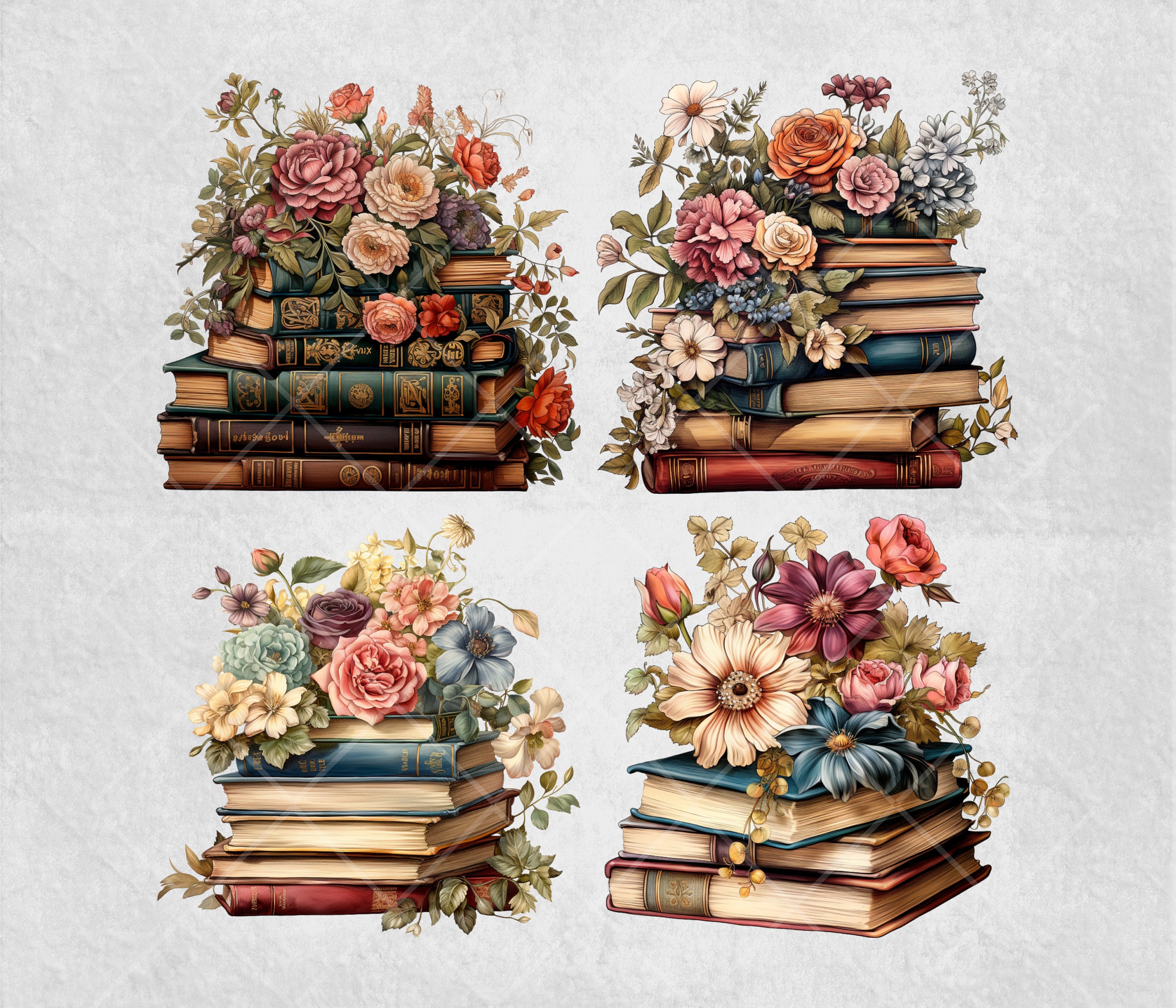 Watercolor Floral Book Stack Clipart: Vintage Reading Design (PNG) - Etsy