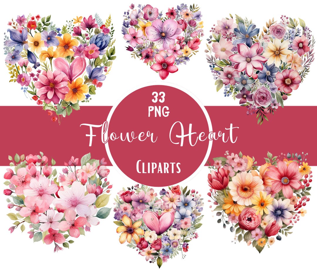 Watercolor Floral Heart Clipart Bundle Flower Heart Shape Png for ...