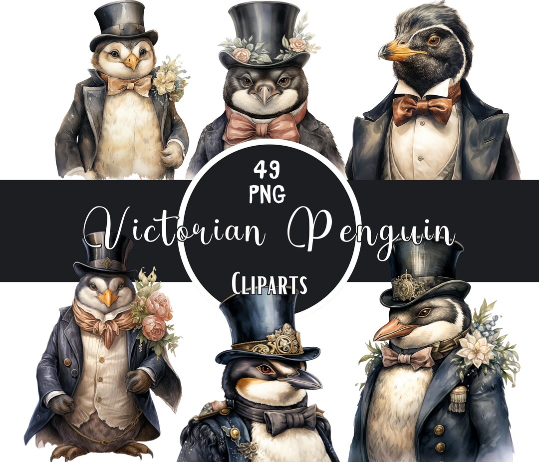 Watercolor Victorian Penguin Clipart Bundle: Elegant Animal PNG ...