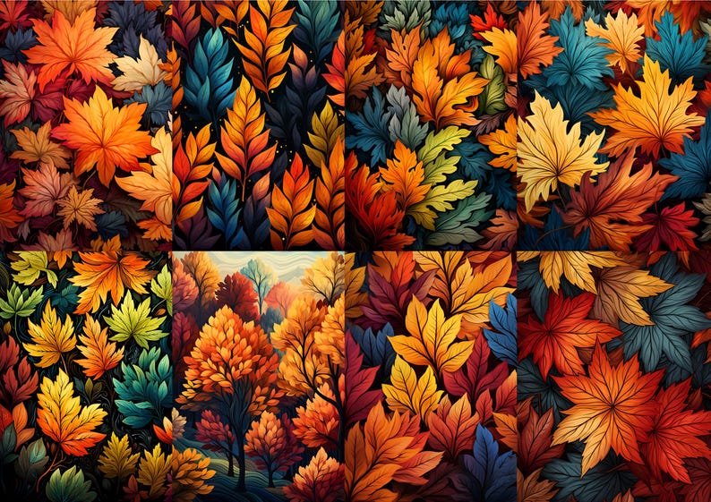 Colorful Fall Leaves Digital Paper Pack Autumn Leaves Paper Autumn ...
