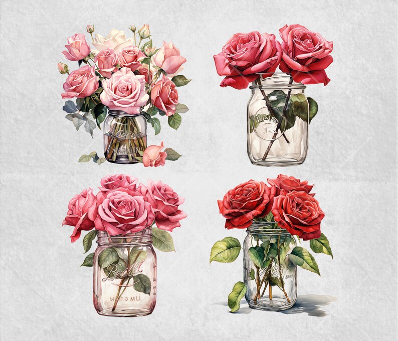 Watercolor Roses in Mason Jar Clipart Realistic Rose Clipart Pack ...