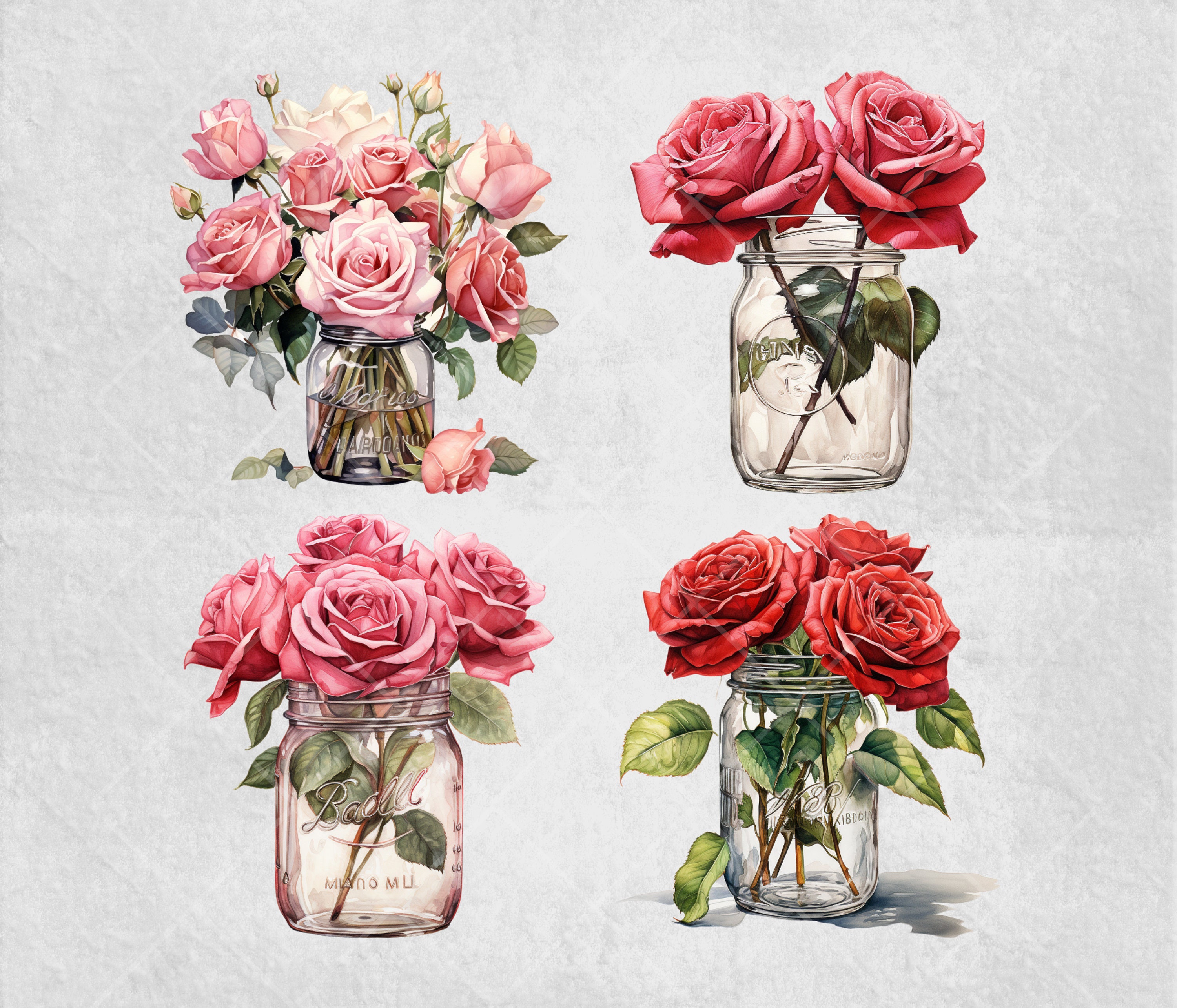 Watercolor Roses in Mason Jar Clipart Realistic Rose Clipart Pack ...