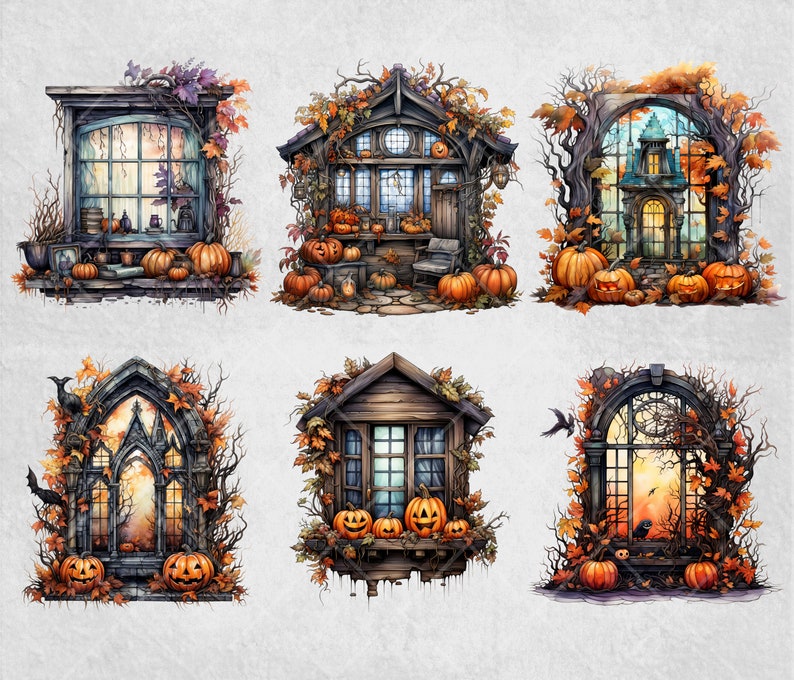 Watercolor Gothic Halloween Window Clipart Scary Art Halloween Design ...