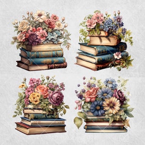 Watercolor Floral Book Stack Clipart: Vintage Reading Design (PNG) - Etsy
