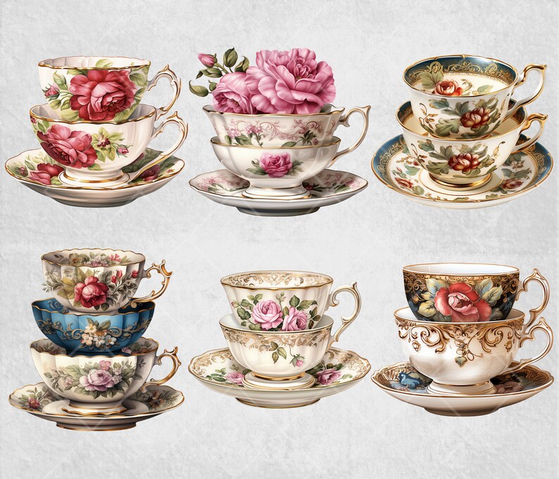 Watercolor Stacked Teacup Png Bundle Victorian Art Vintage Floral Tea ...