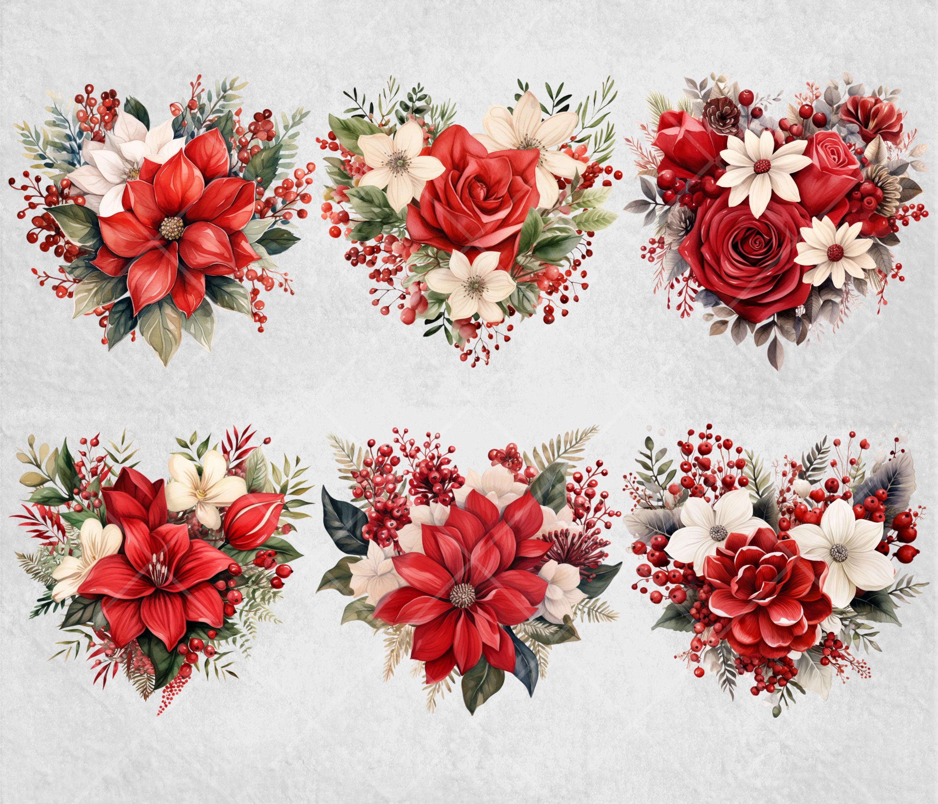 Watercolor Christmas Floral Heart Clipart Bundle (PNG, PDF) - Etsy