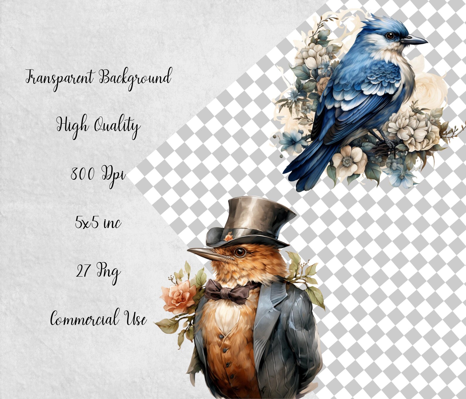 Watercolor Victorian Bird Clipart Bundle: Majestic Animal PNG Graphics ...
