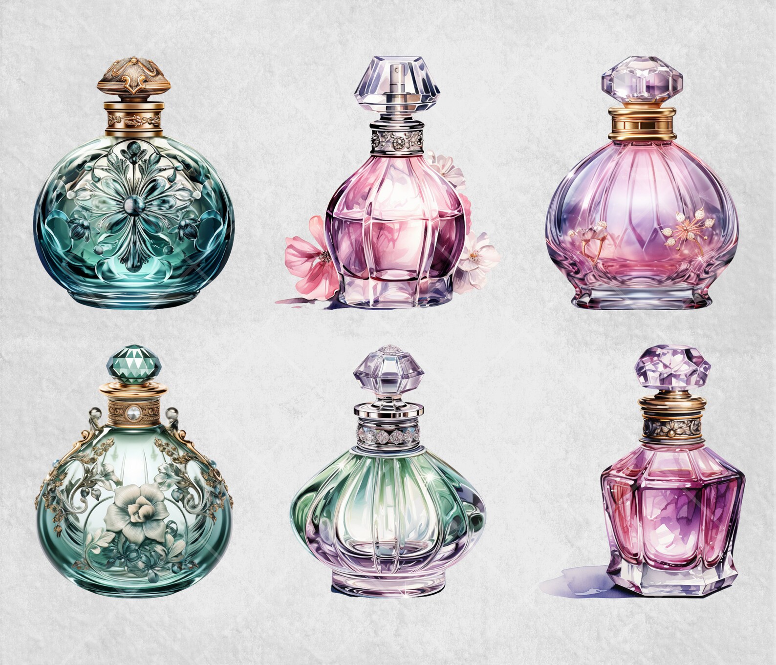 Watercolor Perfume Bottle Clipart Pack: Vintage Feminine Graphics (28 ...