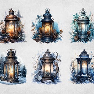 Watercolor Winter Lantern Clipart Bundle: Snowy PNG Graphics (digital ...