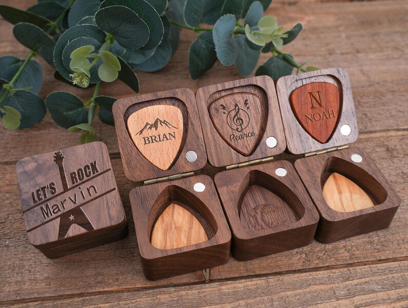 Personalized Walnut Guitar Pick Box: Engraved Plectrum Case, Musician ...