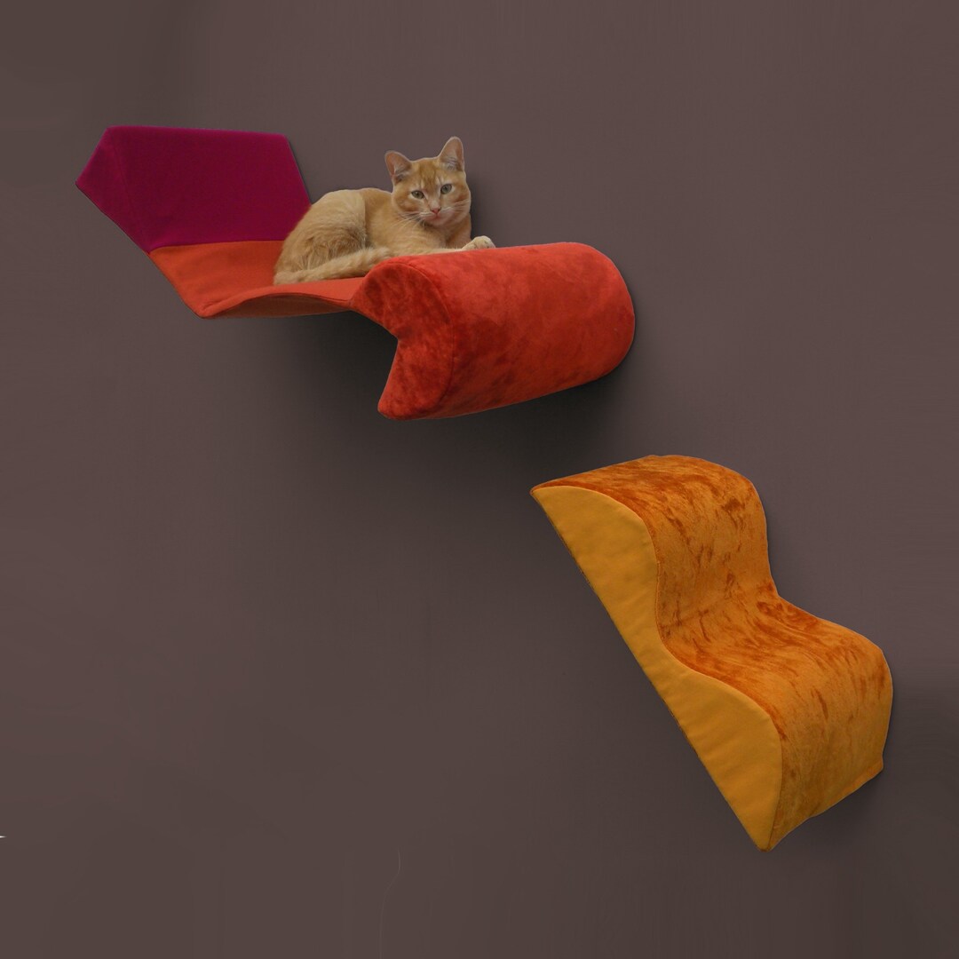 Cat Wall Bed & Step Bauhaus Memphis, Zip-on Washable Slipcovers, Orange ...